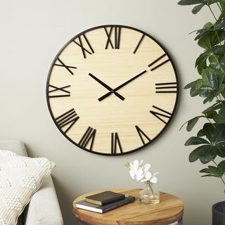Light Brown Wooden Decorative Wall Clock with Black Metal Numbers and ...