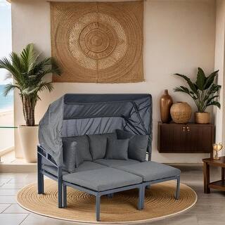 3-Piece Patio Daybed Metal Sun Lounger with Retractable Canopy - Bed ...
