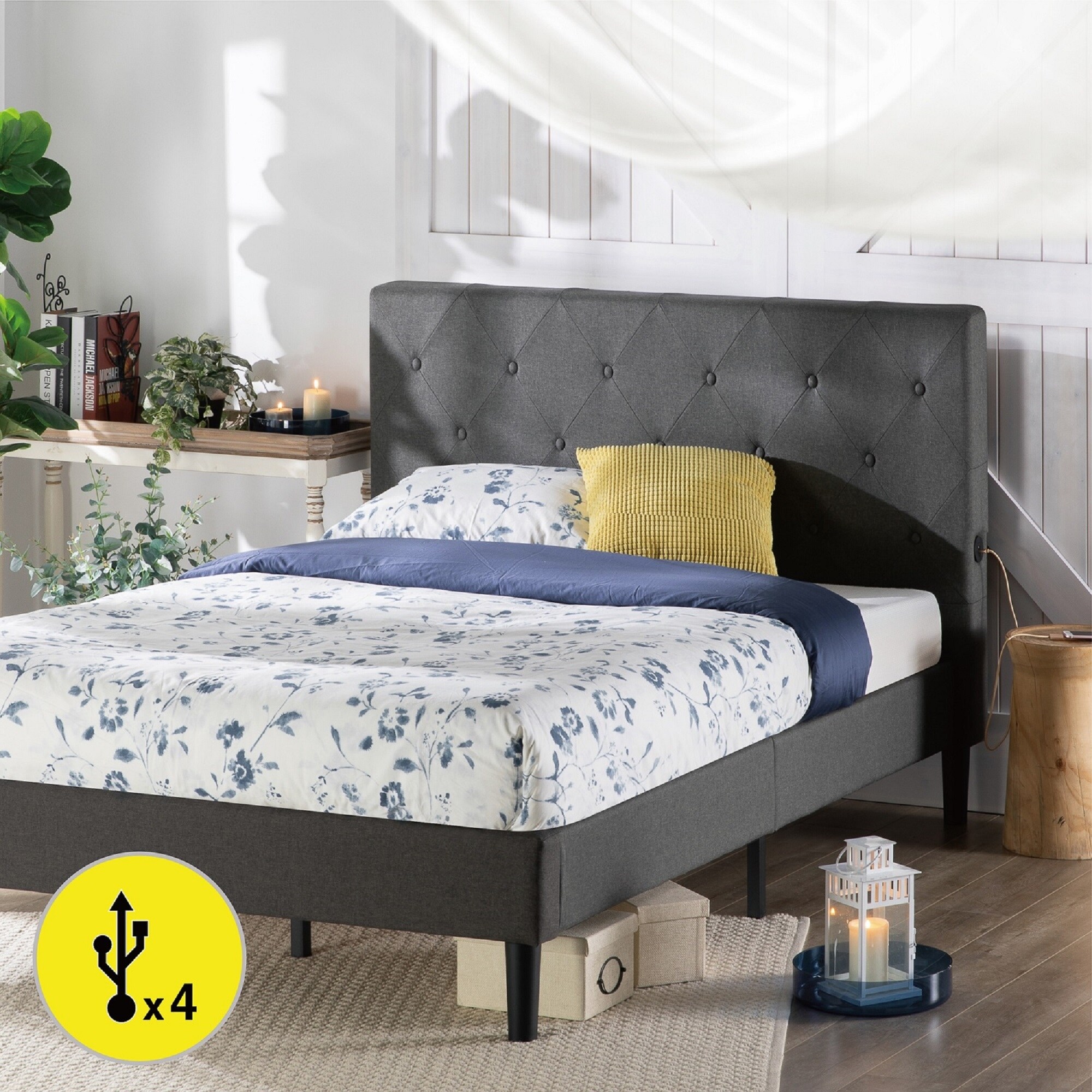 Priage by ZINUS Dark Grey Upholstered Diamond Stitched Platform Bed Frame with USB Ports On Sale Bed Bath Beyond 32205300