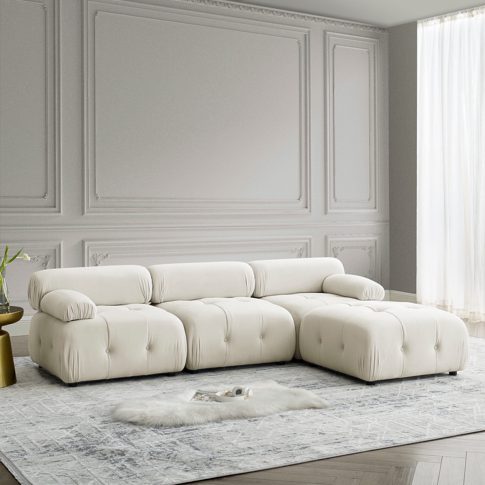Modern Beige Cloud Sectional Sofa L-shaped Modular Button Tufted Sofa ... Modern Beige Cloud Sectional Sofa L-shaped Modular Button Tufted Sofa ...