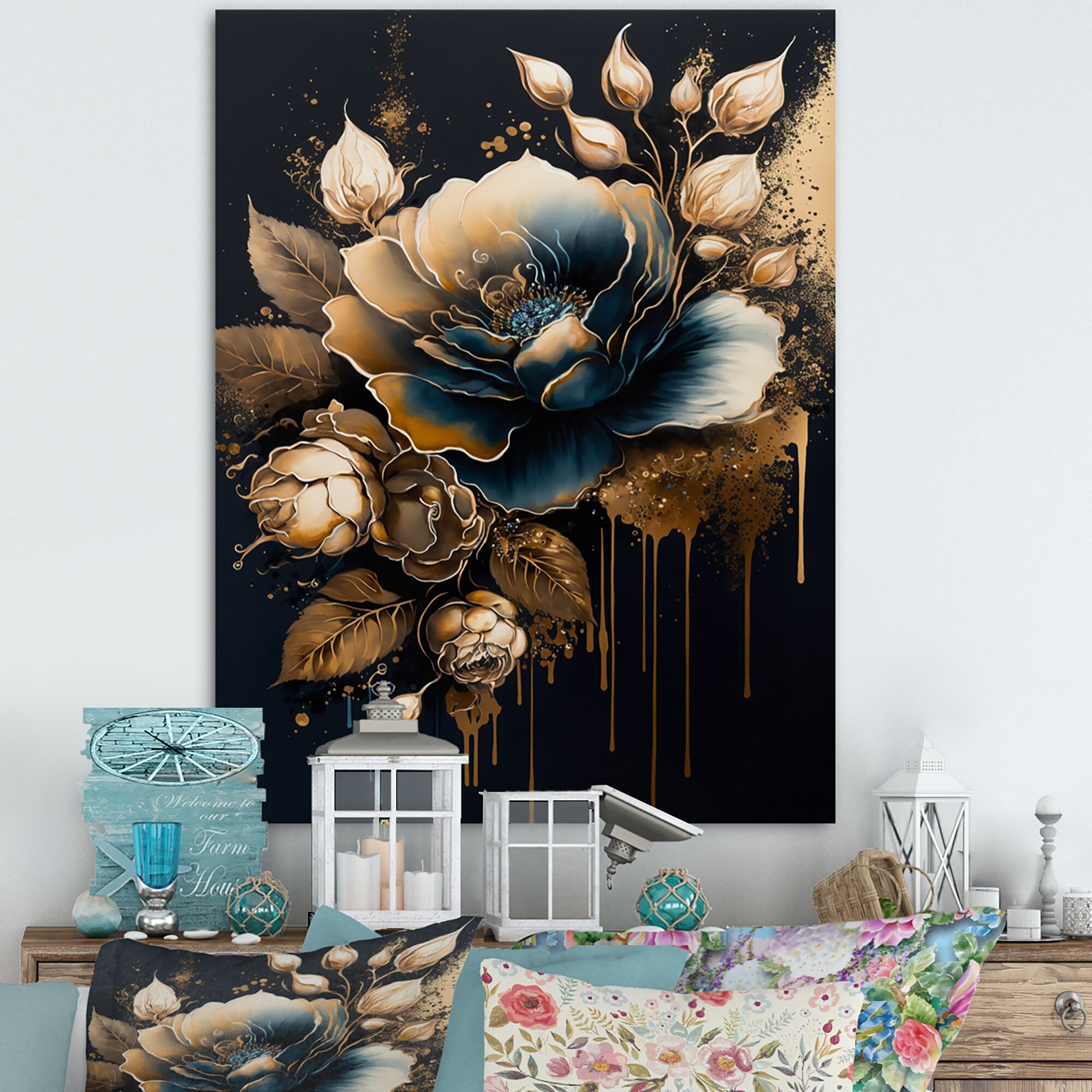 Designart 'Deep Blue And Gold Single Flower II' Floral & Botanical ...
