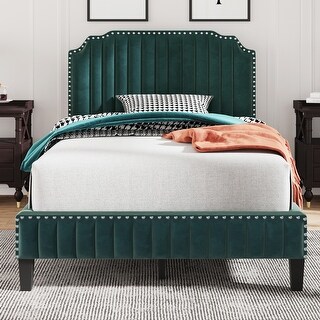 Modern Velvet Curved Upholstered Green Platform Bed, Solid Wood Frame ...