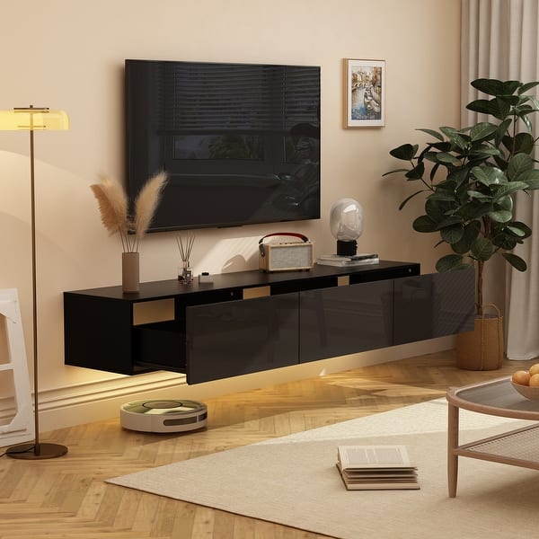 63" TV Stand Hanging TV Consoles Wall TV Cabinet with LED Entertain ...