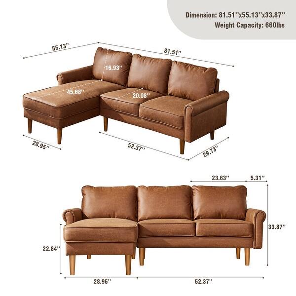 HOOOWOOO Living Room Furniture Elegant L-shaped 3 Seat Chaise Sofa with ...