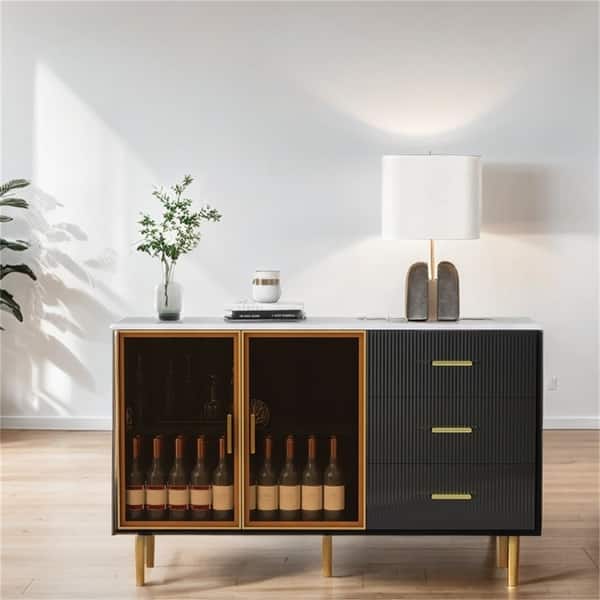 Modern MDF Buffet Cabinet with Glass Doors and Marble Sticker Tabletop ...