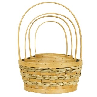 Set Of 4 Long Handled Seagrass Accented Wood Slat Baskets - Bed Bath ...