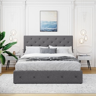 Coziness Gray Upholstered Bed Queen Size Platform Bed with 24 ...