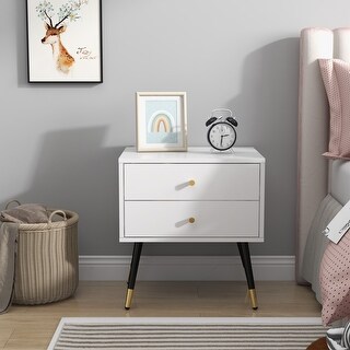 A Modern Urban Style White Bedside Table with Two Drawers and Metal ...