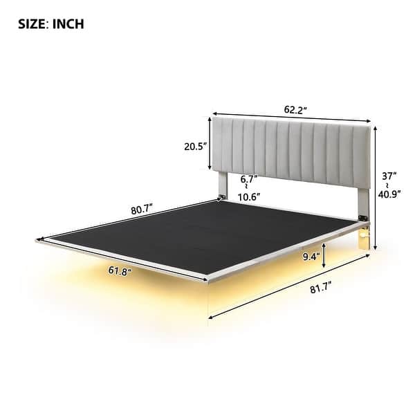Velvet Upholstered Floating Queen Size Bed Frame with Sensor Light and ...
