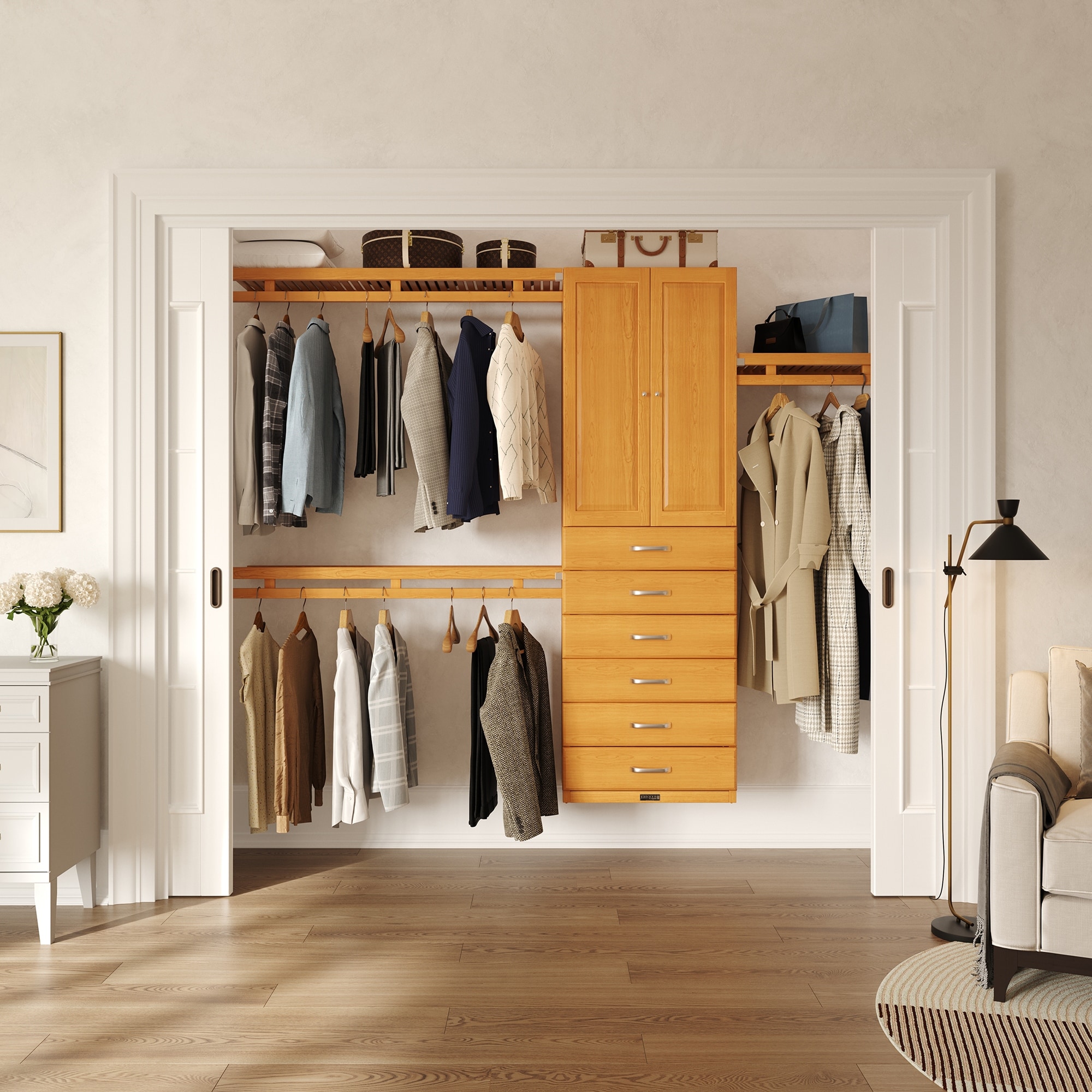 John Louis Home Solid Wood Reach In Simplicity Closet System with 6 Drawers and Raised Panel Doors Honey Maple Bed Bath Beyond 36855987