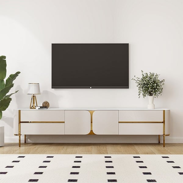 Modern Beige TV Stand With Double Door Cabinet and Four Drawers on Each ...