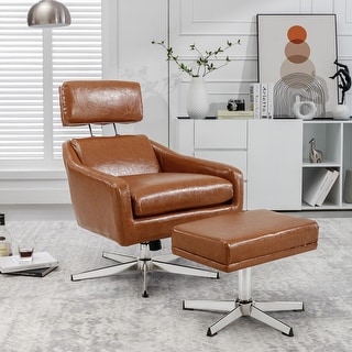 Brown PU Leather 360°Rotation Function Swivel Armchair With Ottoman ...