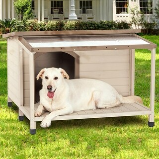 Outdoor fir wood dog house with an open roof and large terrace - Bed ...