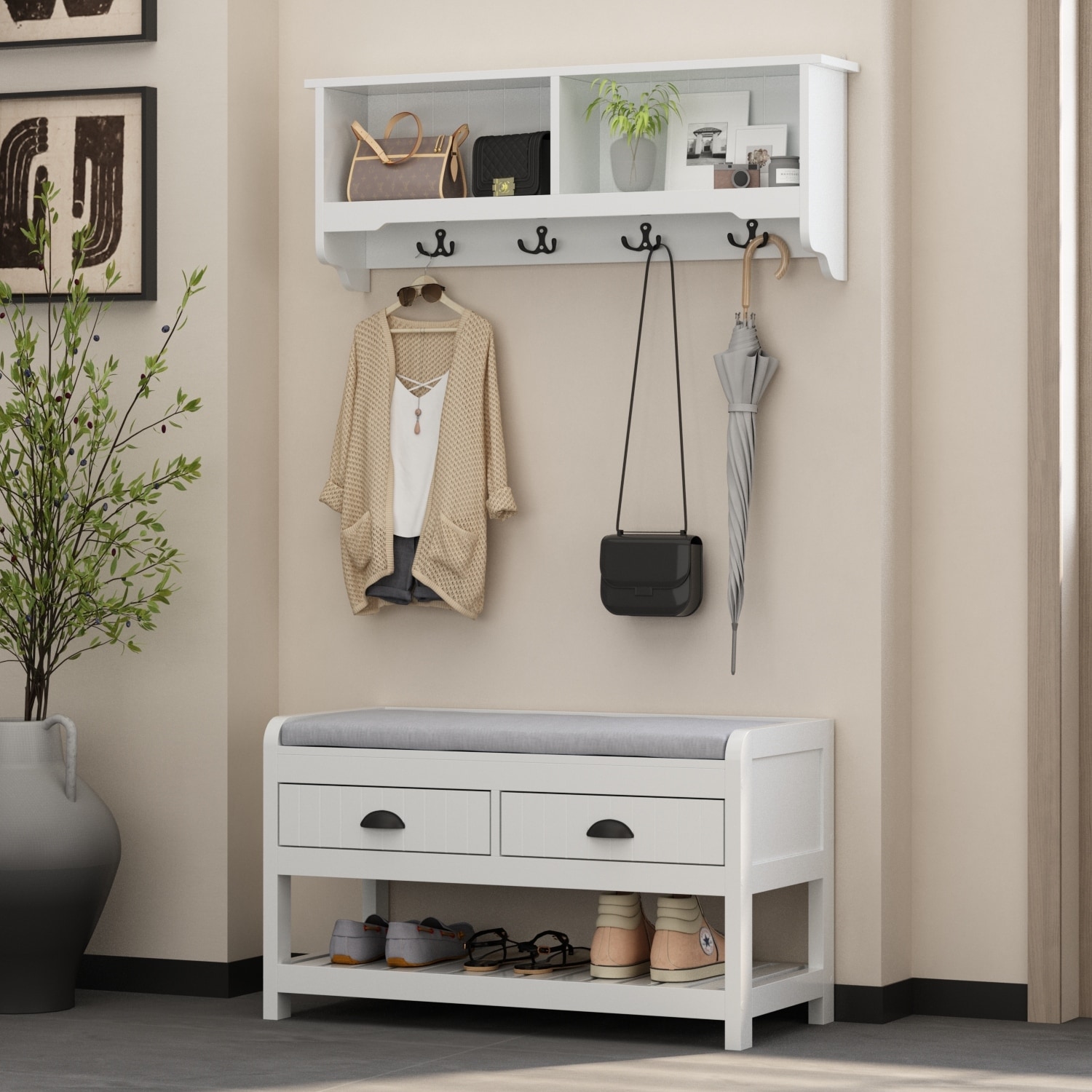 Coat Rack Shoe Set Entryway Hall Tree Bench Shoe Rack Wall Mounted - On ...