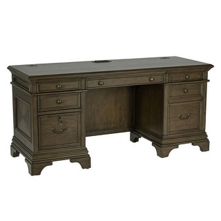 4-drawer Wood Desk With Power Outlet and Cabinets in Burnished Oak ...