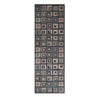 8' Color Block Beige And Teal Checkered Stain Resistant Runner Rug - 3 ...