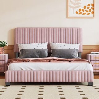 Pink Queen Size Elegant Velvet Upholstered Platform Bed: Sturdy Wood ...