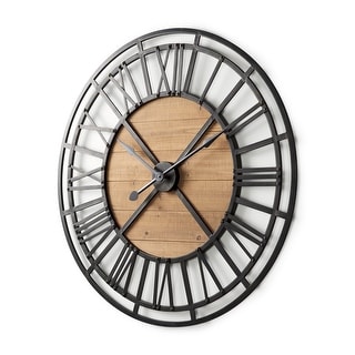 Lewiston Black Iron With Brown Wood 42" Round Wall Clock - 42.1"W x 2.5 ...