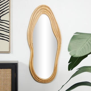 Brown Wood Abstract Wavy Room Wall Mirror with Dimensional Carved Frame ...