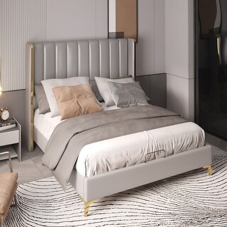 Leather Wingback Bed Frame 56" Tall Metal Gilded Edge Channel Tufted ...