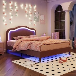 Velvet Upholstered Smart LED Bed Frame with Adjustable Height Headboard ...