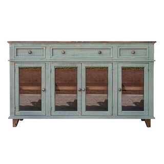 Rozy 70 Inch Console Sideboard Cabinet, 4 Glass Doors, Teal Blue Pine ...