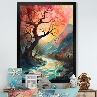 Designart "Sun Down Peaking Through Tree" Tree Floral Framed Wall Art ...