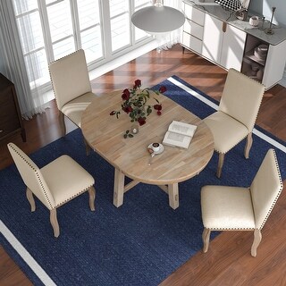 5-Piece Round Dining Table Set Kitchen Wooden Table Set Extendable ...