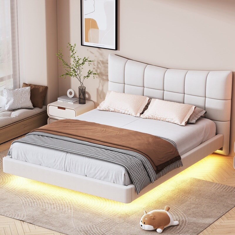 Full Size Floating Bed Frame with LED Lights and Unique Headboard Upholstered Platform Bed w USB Ports Outlets Linen Fabric