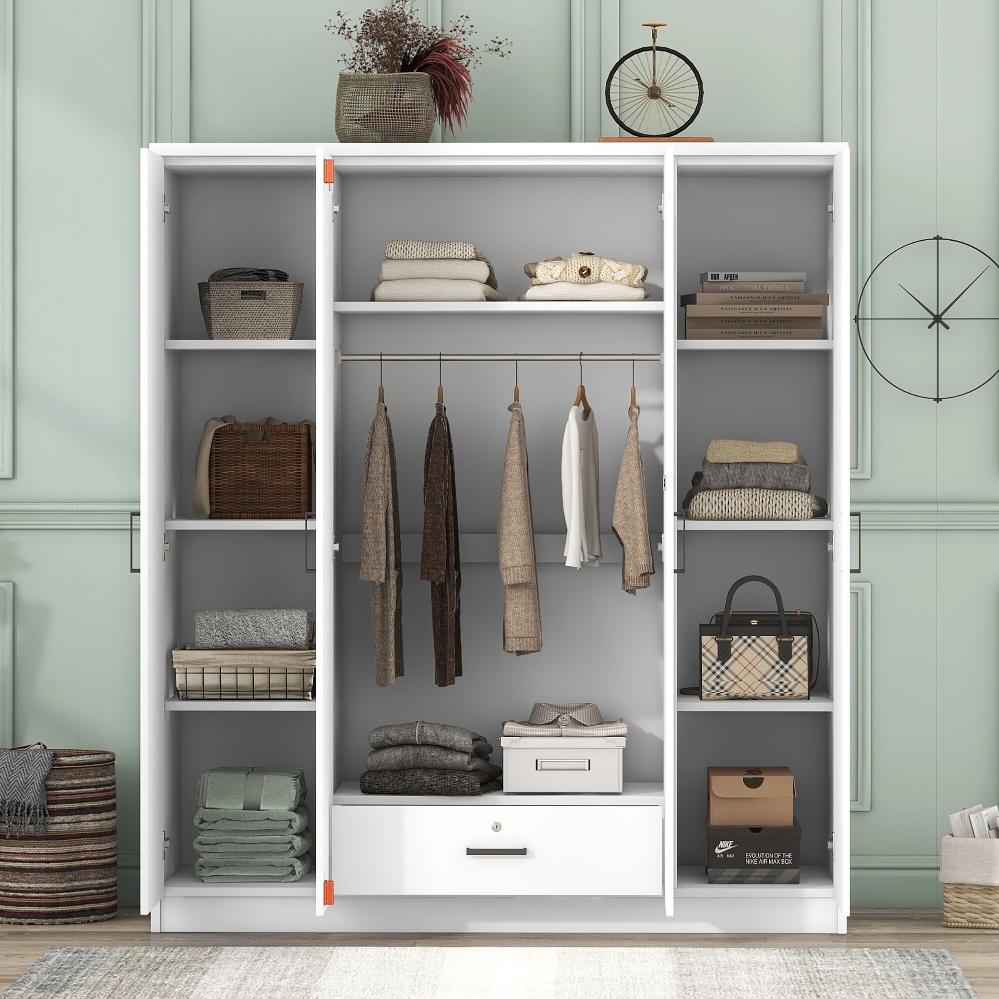 Modern Freestanding Floor Wardrobe for Bedroom Armoire Closet High Storage Cabinet with Drawer Shelves and Hanging Rail