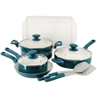 10 Piece Ceramic Nonstick Aluminum Cookware Set in Teal - Bed Bath ...