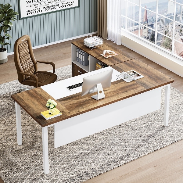 63 inch Executive Offic Desk and 39 Inch Drawers Lateral File Cabinet L Shaped Computer Desk Home Office Set Beige