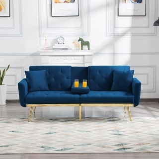 Navy Blue Velvet Convertible Futon Sofa Bed with Adjustable Backrest ...