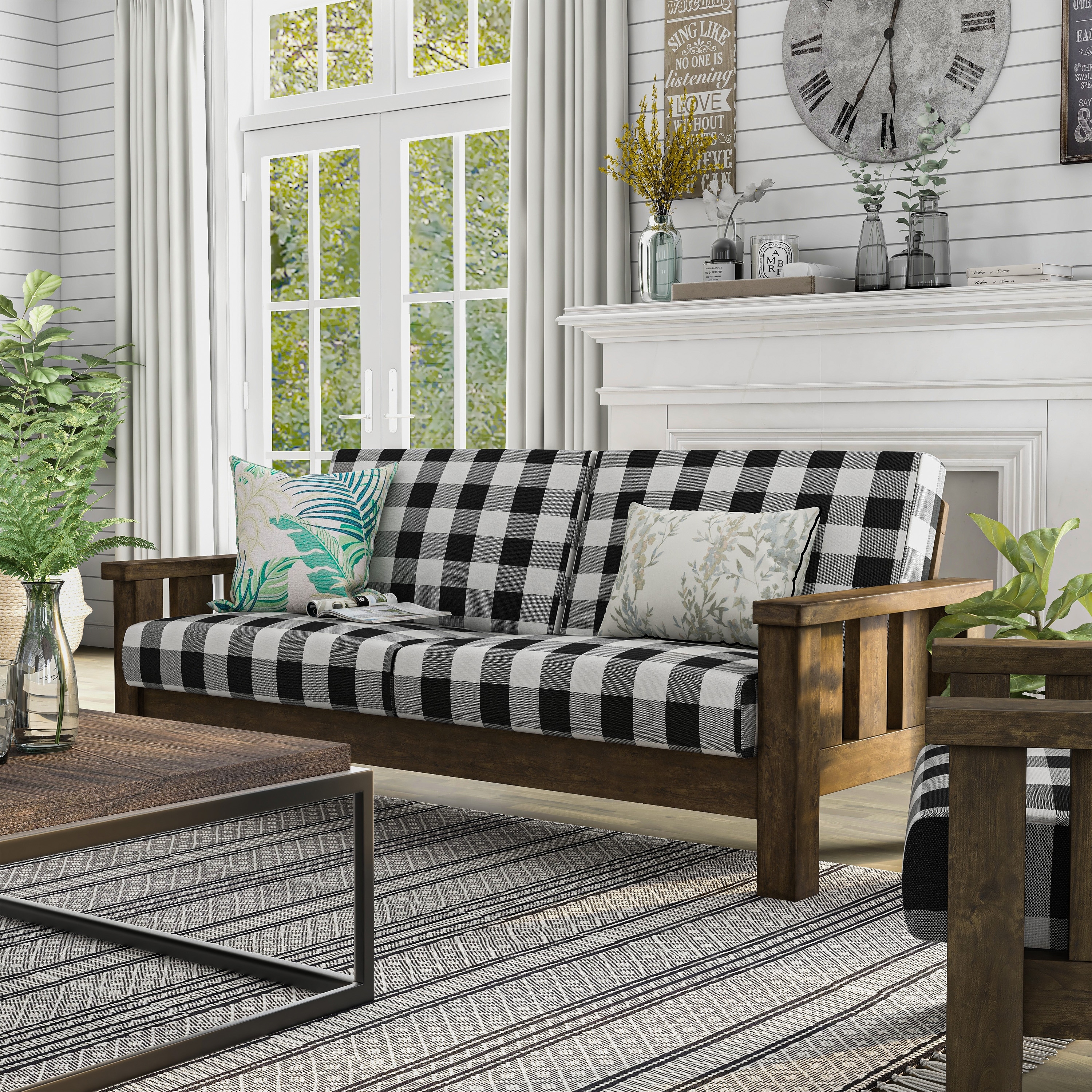 Jimo Farmhouse Rustic Oak Fabric Upholstered Wooden Arms Sofa by Furniture of America