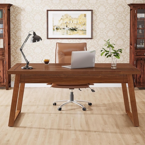 55 Wood Computer Desk Mid Century Modern Study Writing Table with Drawer Walnut Brown