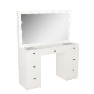 Ibbie Modern Vanity Table 7 Drawers Lights Mirror Crystal Knobs Glass ...