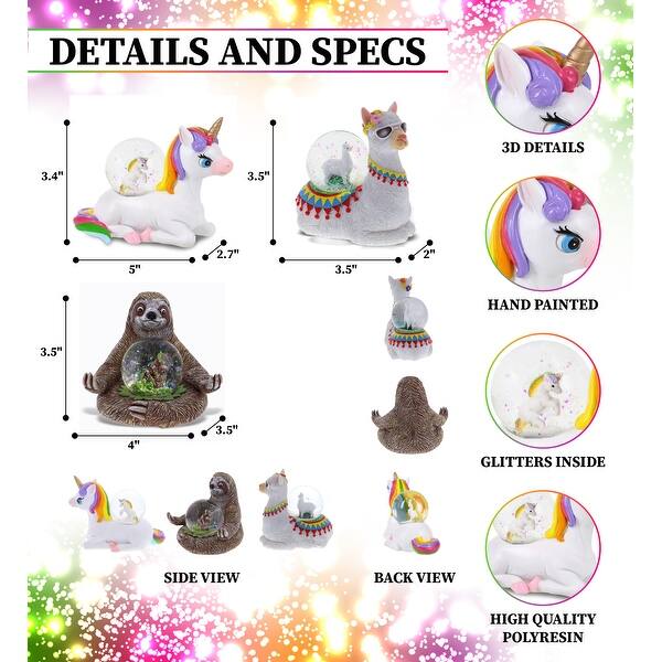 CoTa Global Unicorn, Sloth, Llama Snow Globe Set of 3 - 45mm - 3.5 H x4 ...