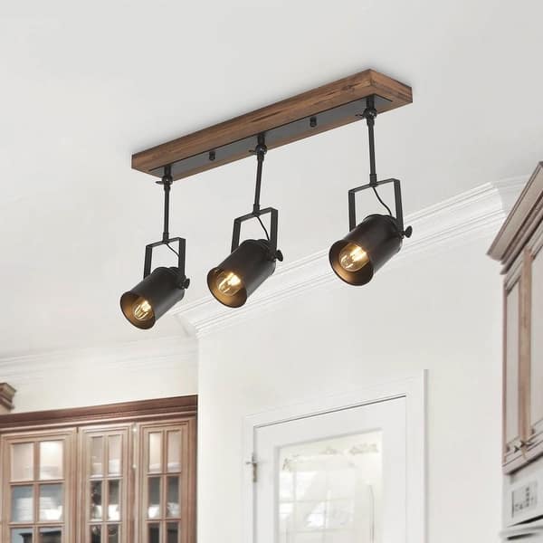 Industrial 3-Light Black Ceiling Track Light - Brown Wood + Black Metal ...