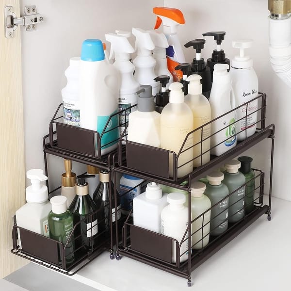 2 Pack Under Sink Rack Organizer with Sliding Drawers Basket Storage ...