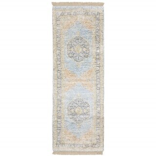 2' X 8' Blue And Beige Oriental Hand Loomed Stain Resistant Runner Rug ...