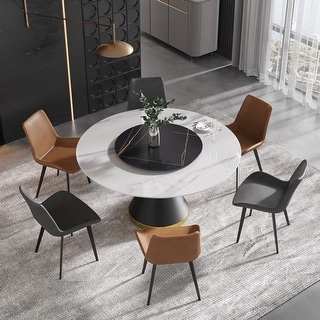 59.05" Modern Round Slate Dining Table with 31.5"Black Turntable - Bed ...