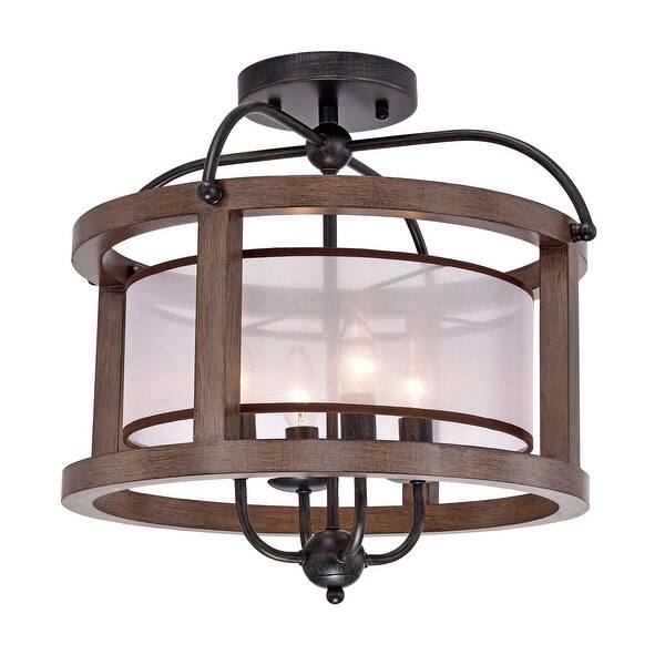 Alina Antique Black Metal Natural Wood Drum Fabric Shade Flush Mount ...