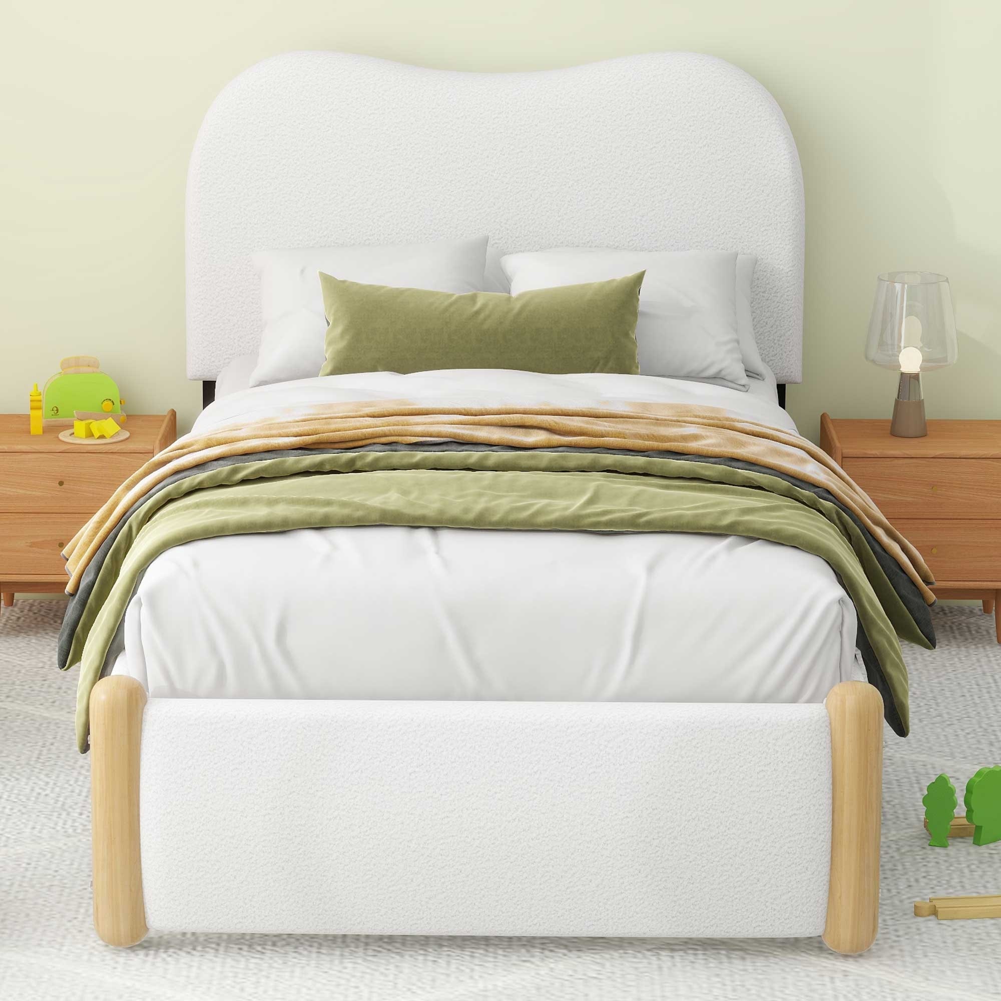 Twin Size Upholstered Platform Bed with Wood Supporting Feet, White ...
