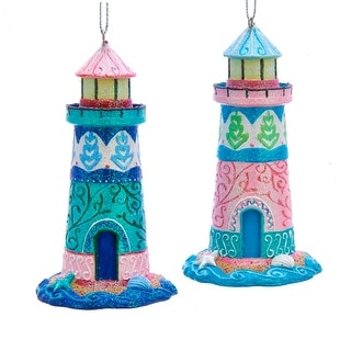 Pink and Blue Ocean Fantasy Lighthouses Christmas Holiday Ornaments Set ...
