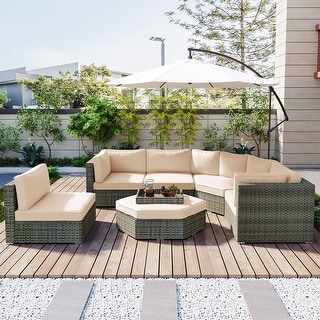6 Piece Outdoor Modular Sofa Set w/Ottoman and Cushions & Small Trays ...