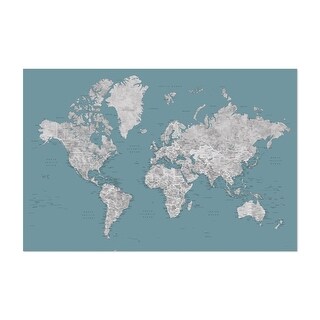 Teal and grey watercolor detailed world map Maps Art Print/Poster - Bed ...