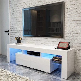 White LED TV Stand, Modern Entertainment Center for 65 Inch TV with 2 ...