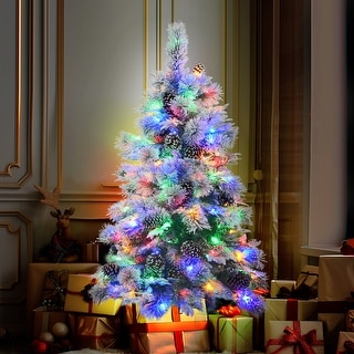 Modern 4FT Pre-Lit Snow Flocked Christmas Tree with 170 Branch Tips,PE ...