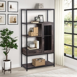 Home Office Bookcase and Bookshelf 5 Tier Display Shelf with Doors and ...