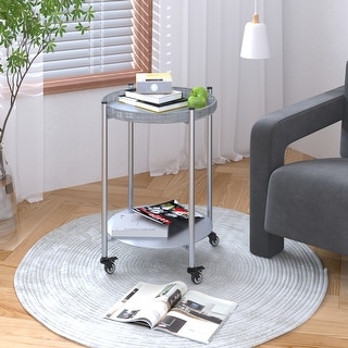 Round Coffee Table with Wheels 2-Tier Movable Side Tables Silver Metal ...